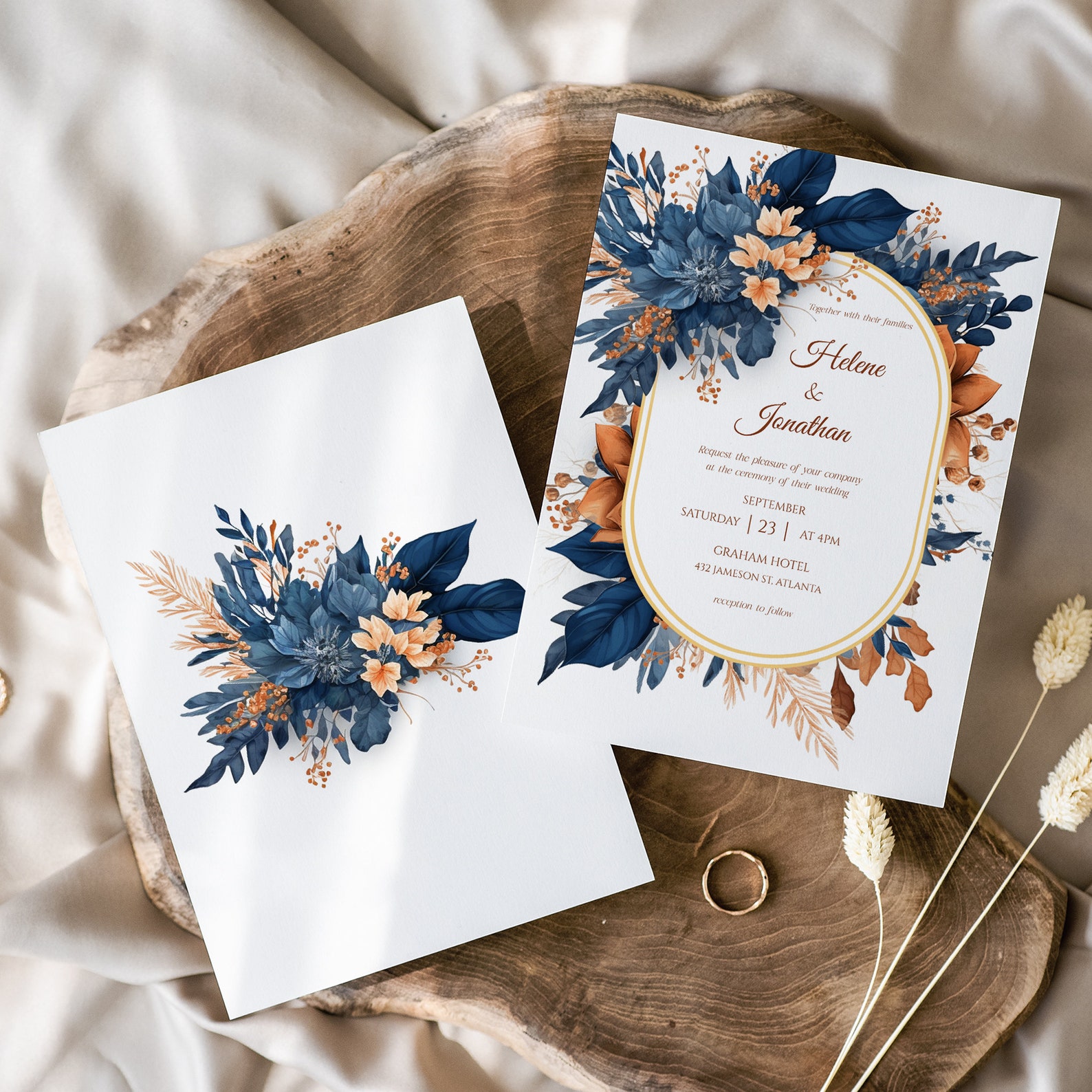 Navy Blue Rust Wedding Invitation Template Watercolor Floral Elegant ...