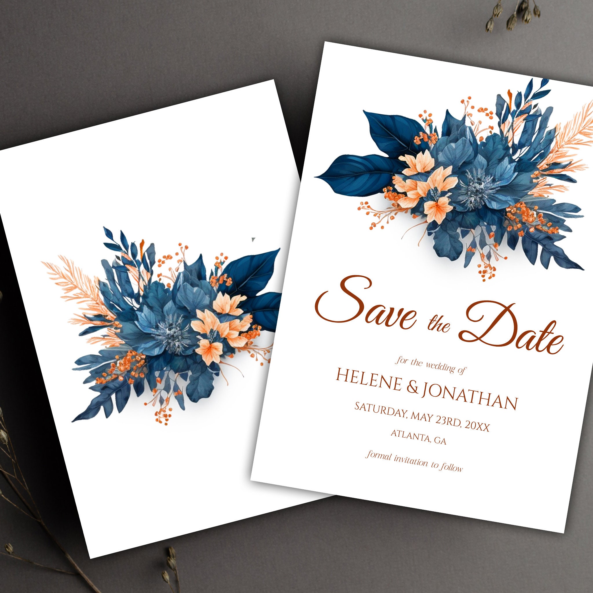 Navy Blue Rust Elegant Wedding Save the Date Template Watercolor Floral ...