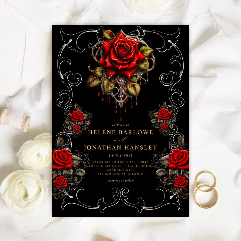 Rose Moody Gothic Wedding Invitation Template Dark Floral Wedding ...