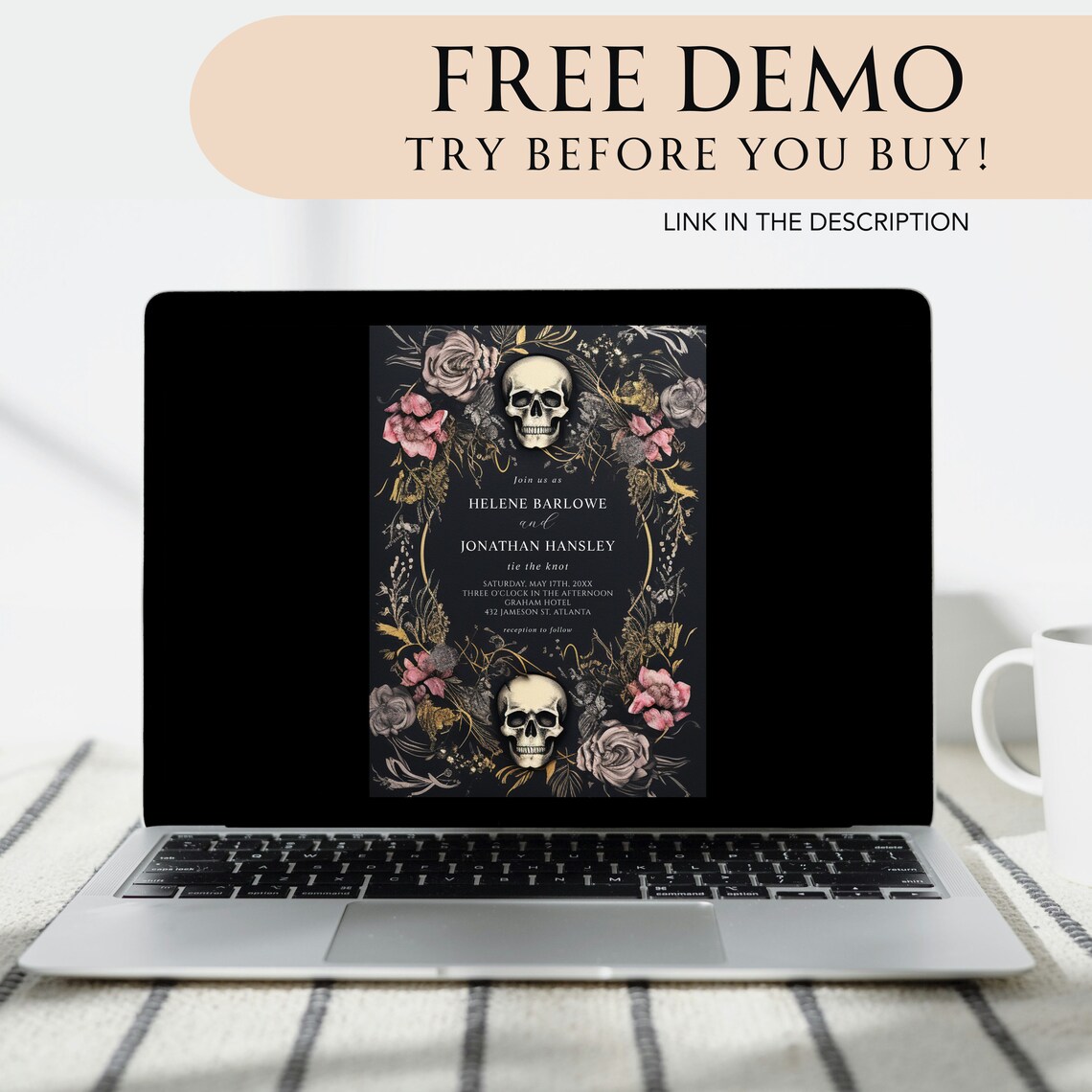 Dark Gothic Wedding Invitation Template Skull Floral Wedding Printable ...