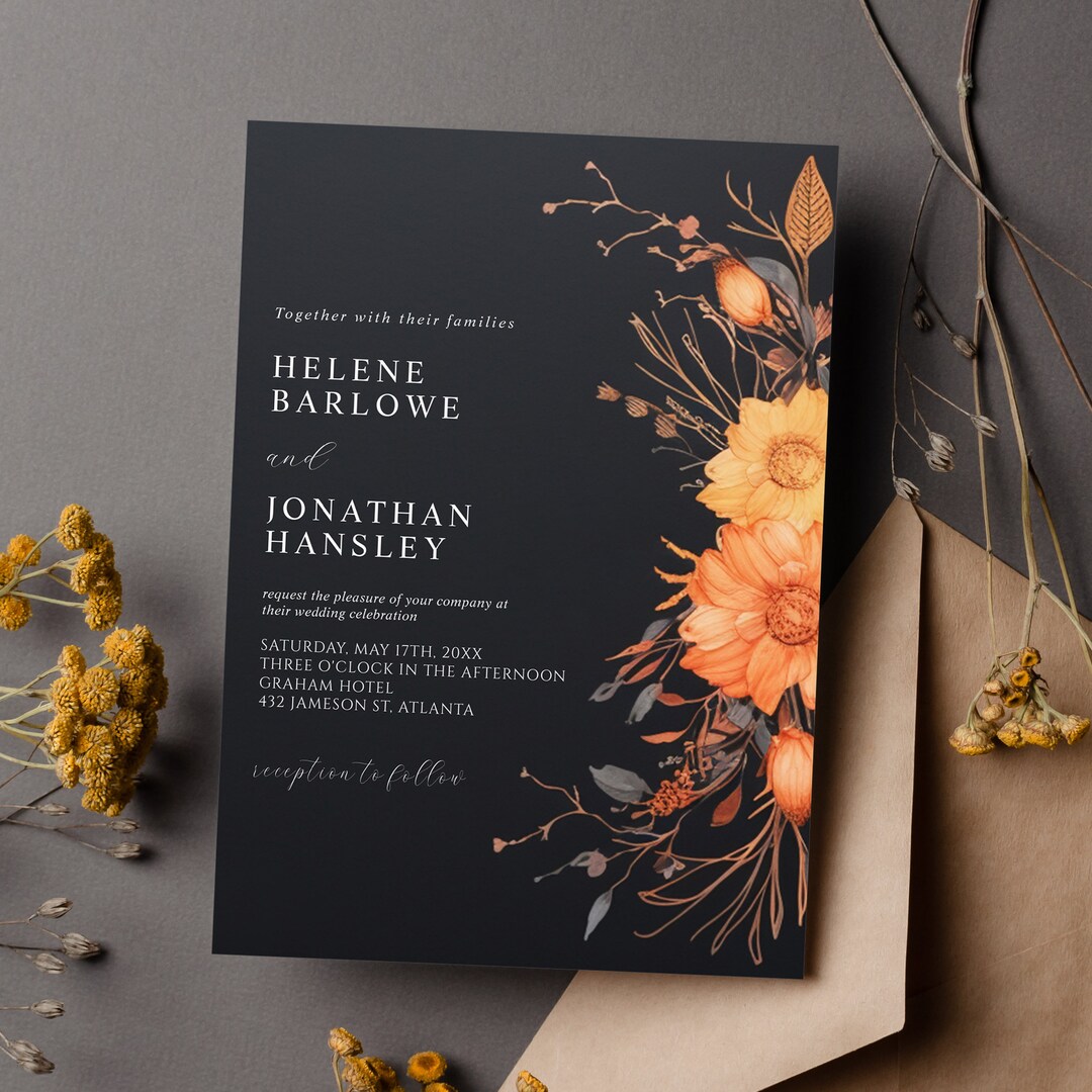 Dark Moody Floral Wedding Invitation Template Rustic Black Terracotta ...