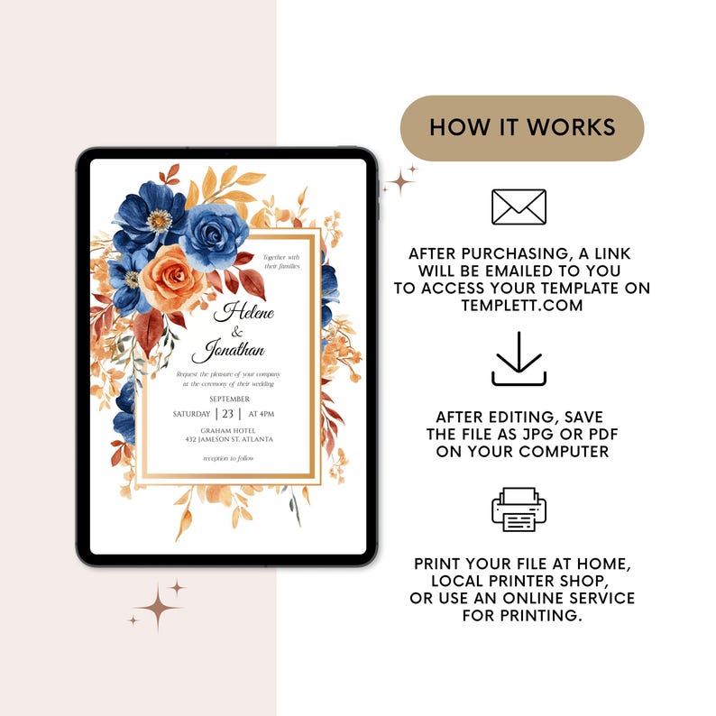 Navy Blue Terracotta Wedding Invitation Template Watercolor Floral ...