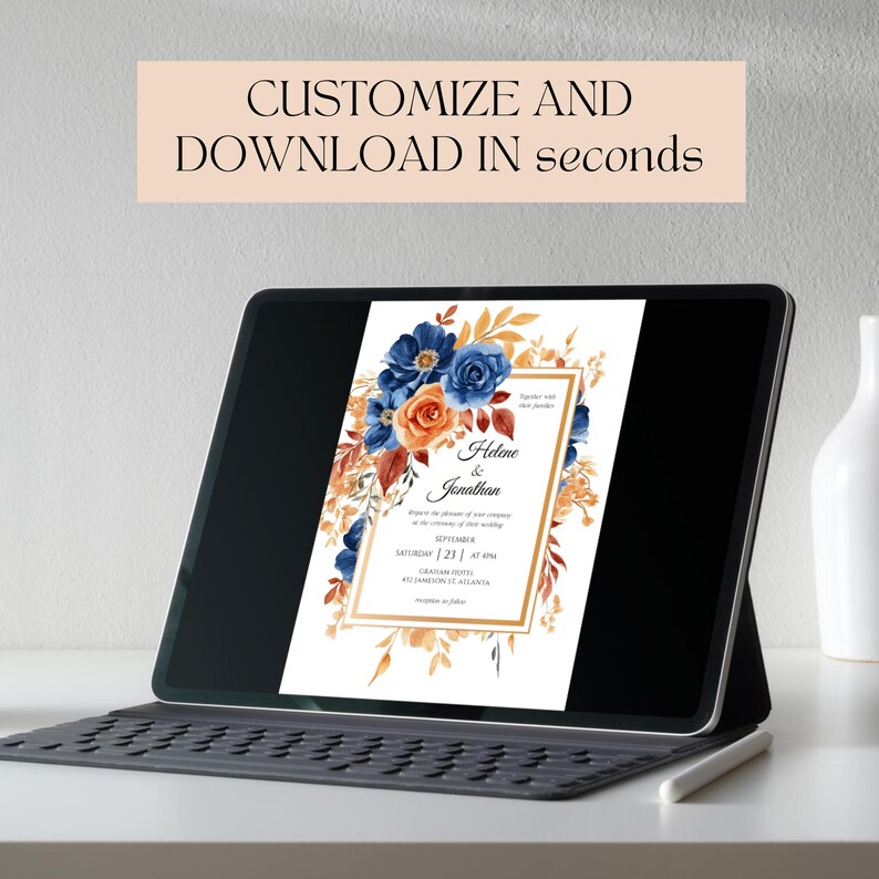 Navy Blue Terracotta Wedding Invitation Template Watercolor Floral ...