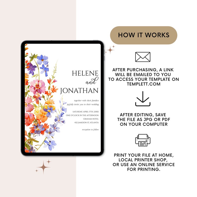 Wildflower Wedding Invitation Template Printable Elegant Watercolor ...