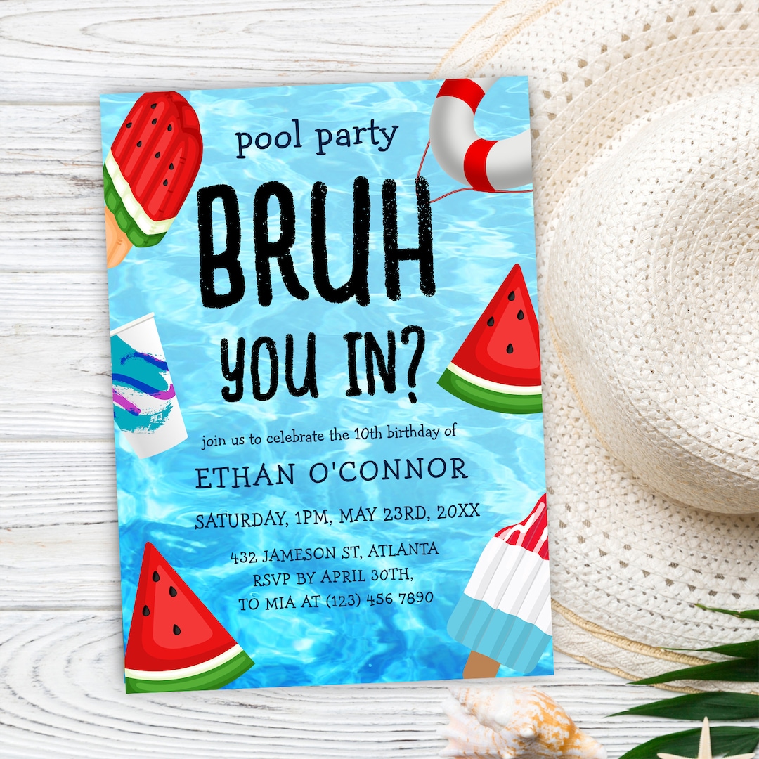 Bruh Pool Party Invitation Template Printable Summer Birthday Party ...