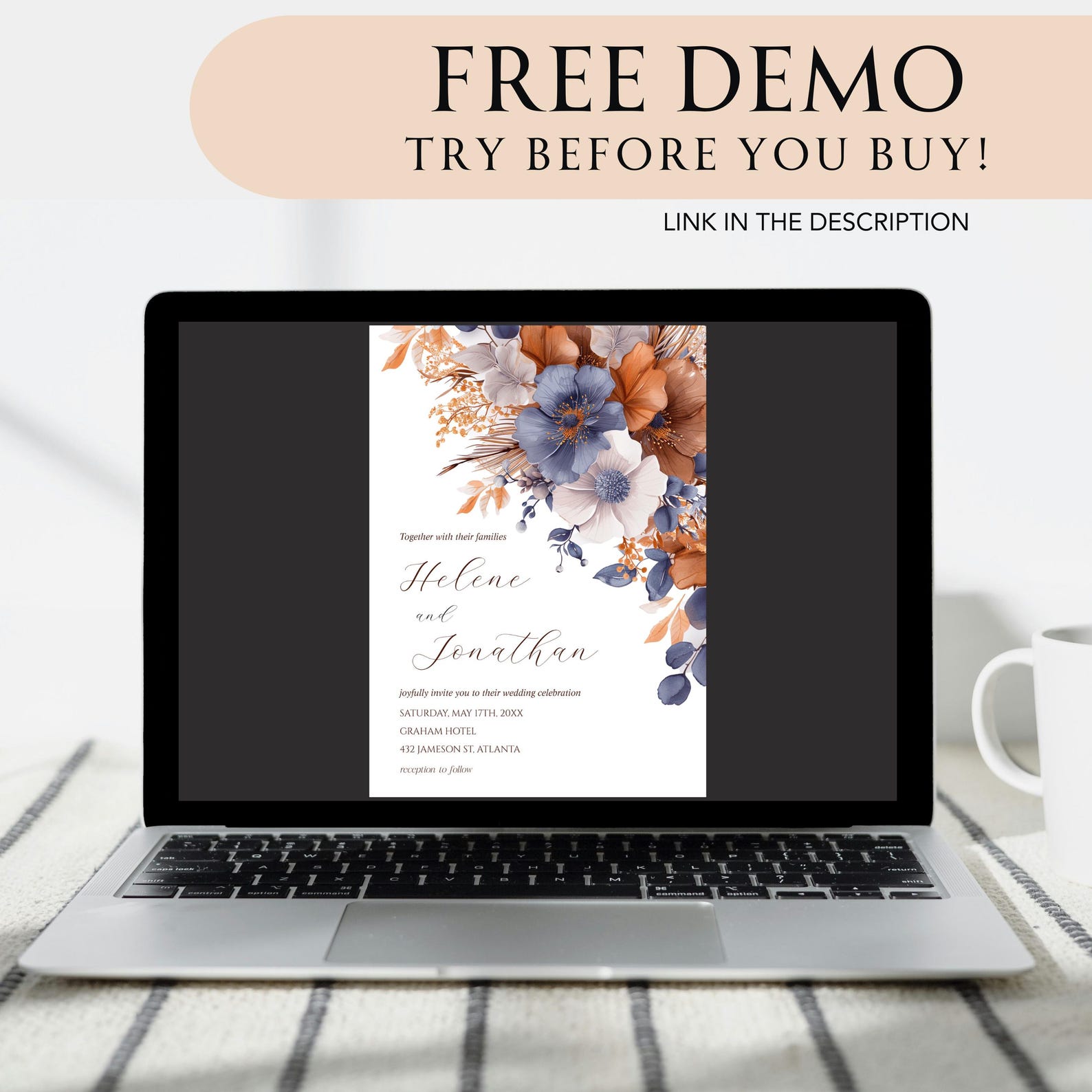 Elegant Dusty Blue Rust Wedding Invitation Template Watercolor Floral ...