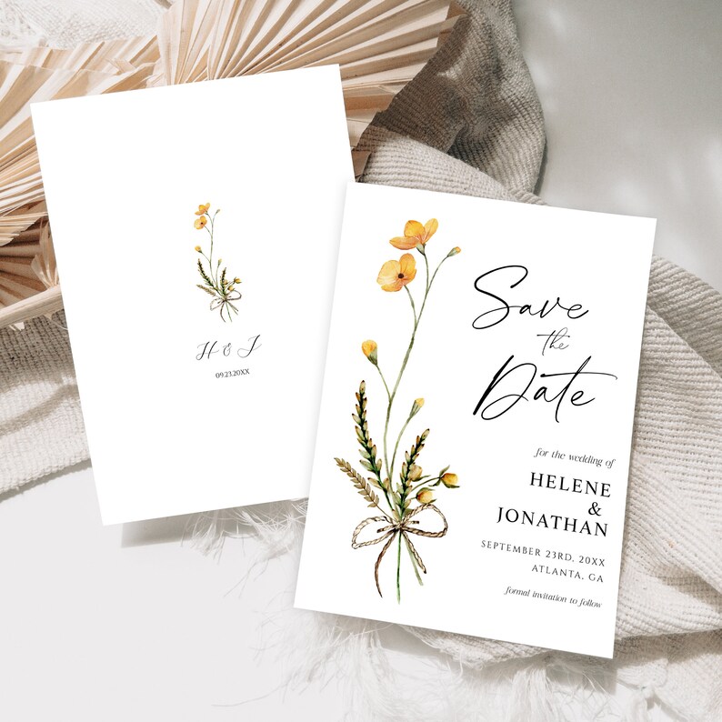 Wildflower Save the Date Template Printable Watercolor Floral Elegant Wedding Announcement Boho ...