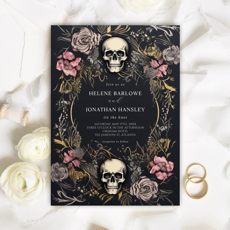 Dark Gothic Wedding Invitation Template Skull Floral Wedding Printable ...