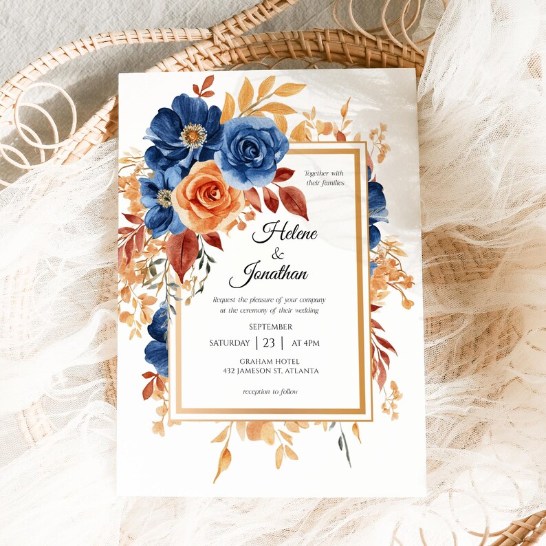 Navy Blue Terracotta Wedding Invitation Template Watercolor Floral ...