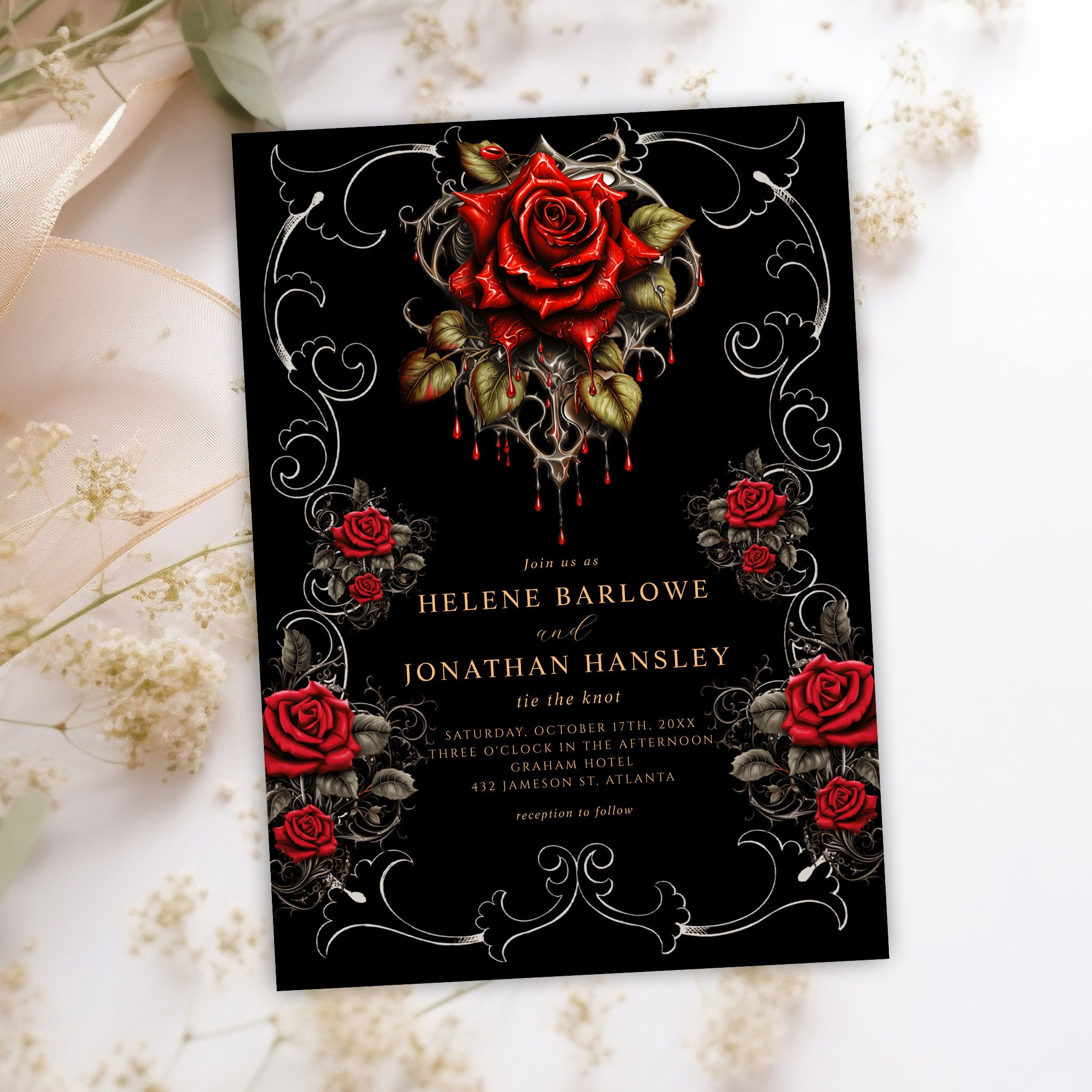 Rose Moody Gothic Wedding Invitation Template Dark Floral Wedding ...