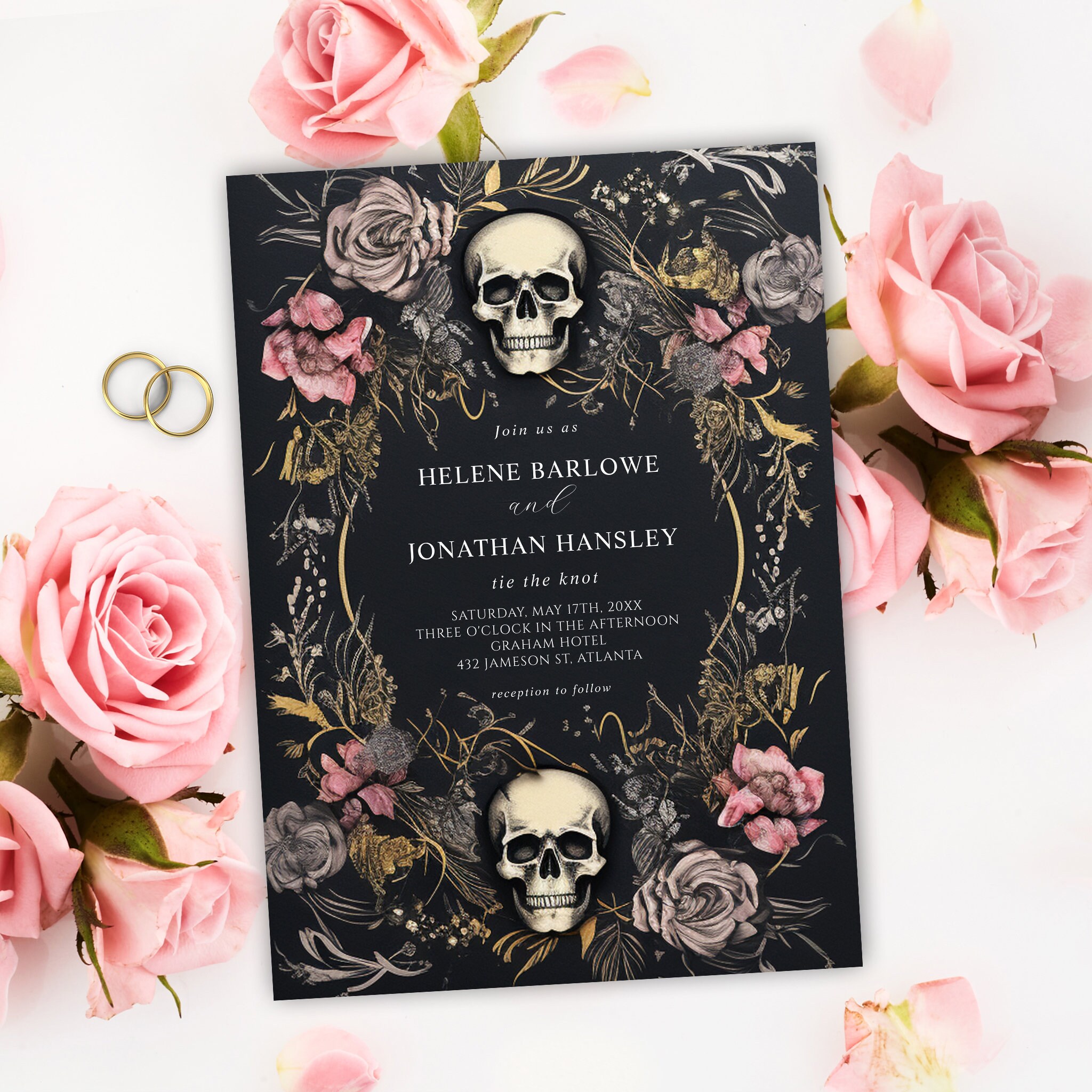 Dark Gothic Wedding Invitation Template Skull Floral Wedding Printable ...