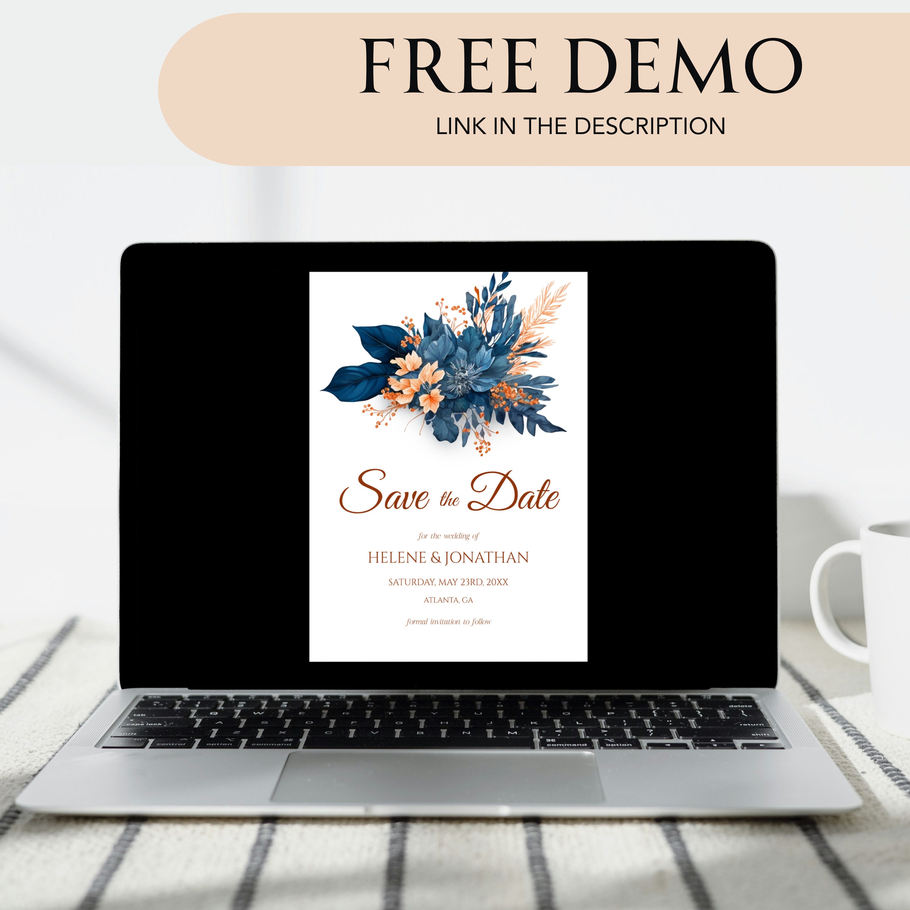 Navy Blue Rust Elegant Wedding Save the Date Template Watercolor Floral ...