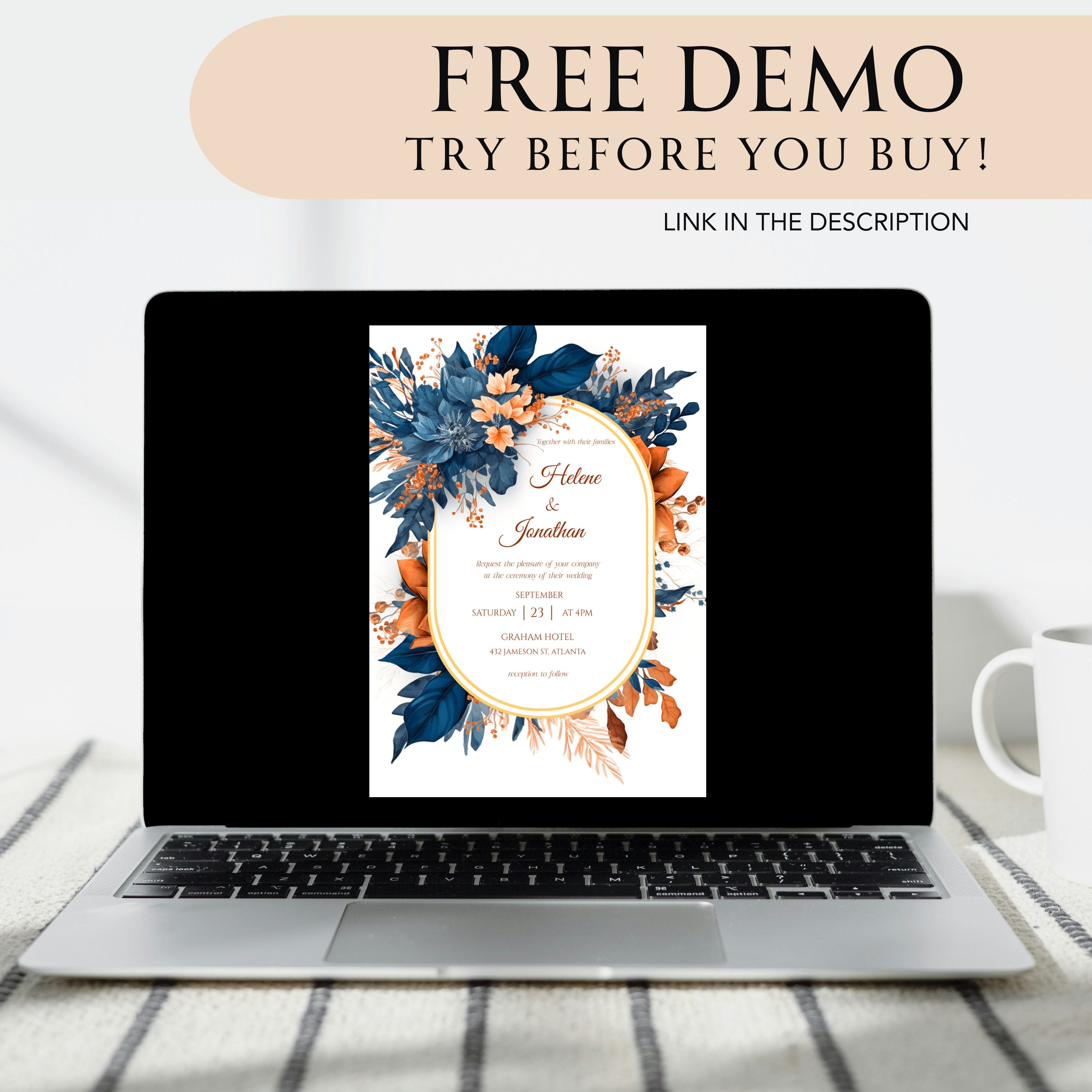 Navy Blue Rust Wedding Invitation Template Watercolor Floral Elegant ...