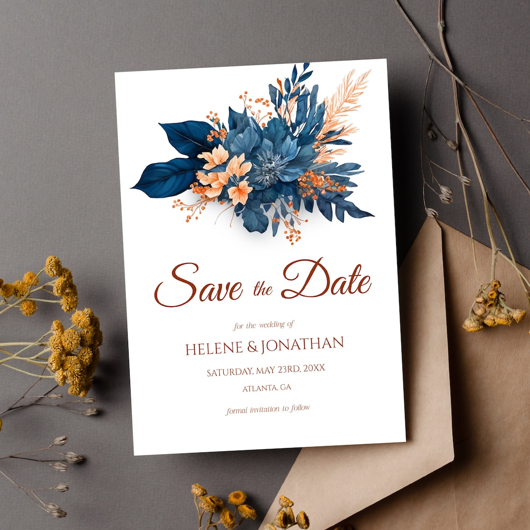 Navy Blue Rust Elegant Wedding Save the Date Template Watercolor Floral ...