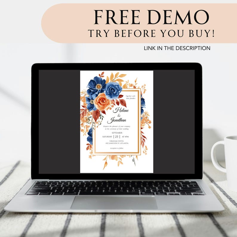 Navy Blue Terracotta Wedding Invitation Template Watercolor Floral ...