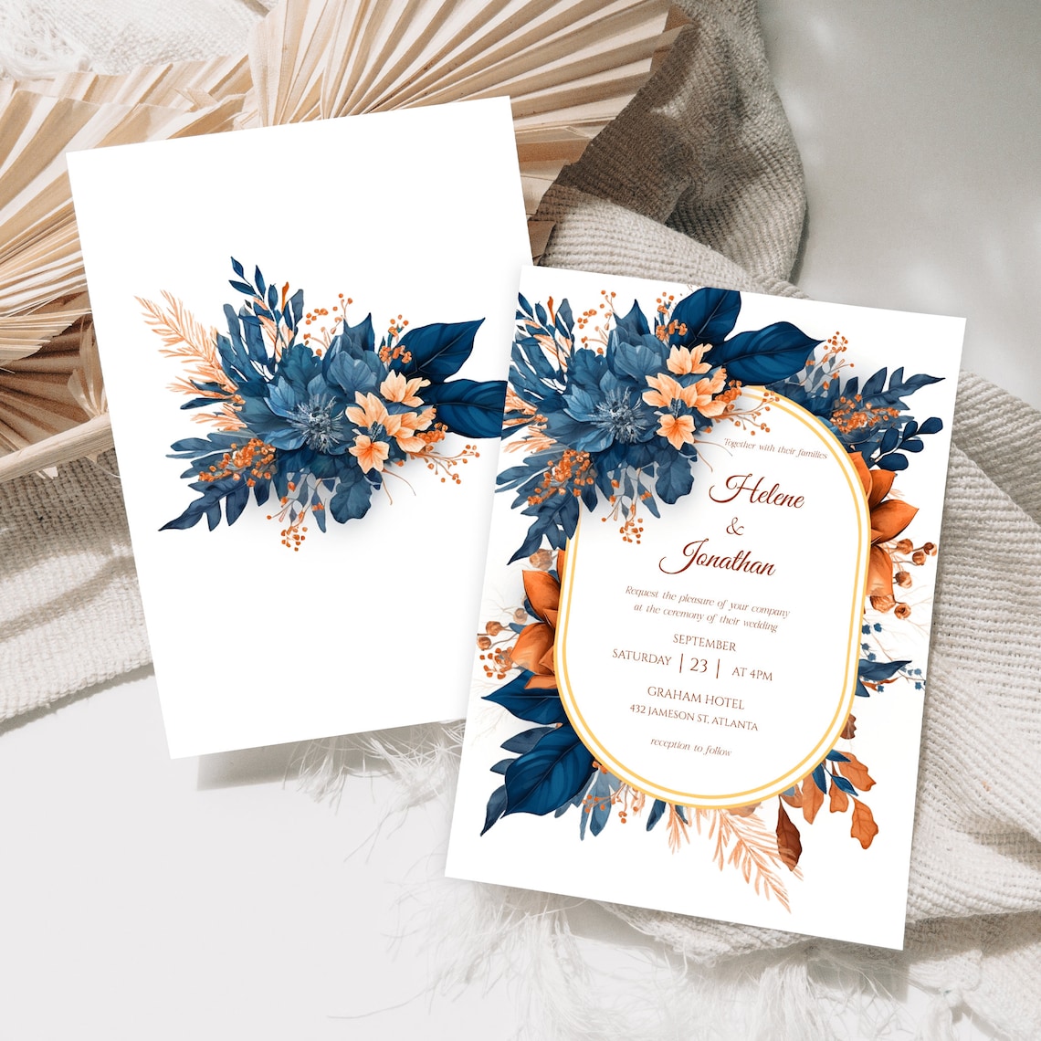 Navy Blue Orange Elegant Wedding Invitation Template: Watercolor Floral ...