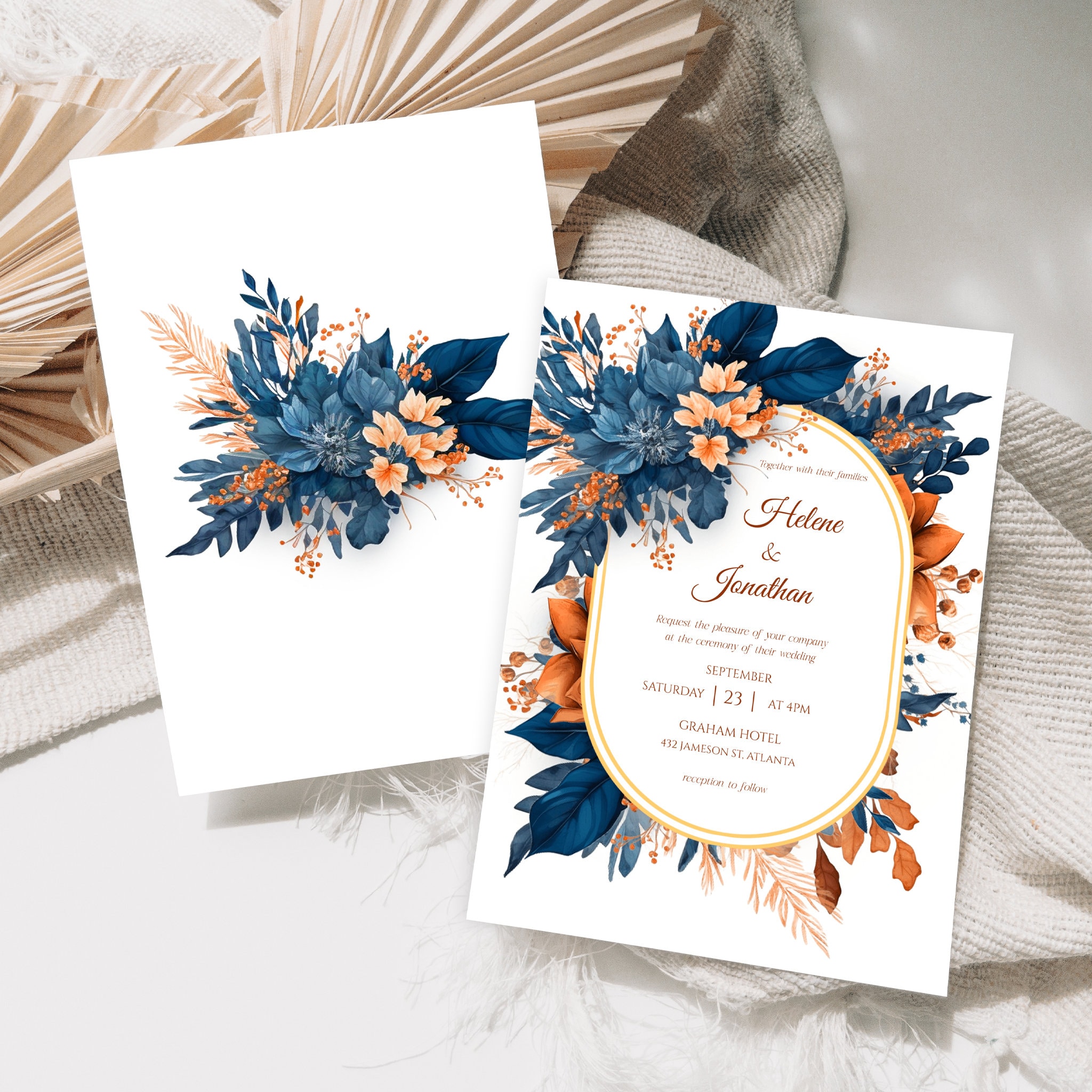 Elegant Navy Blue Orange Wedding Invitation Template Watercolor Floral ...