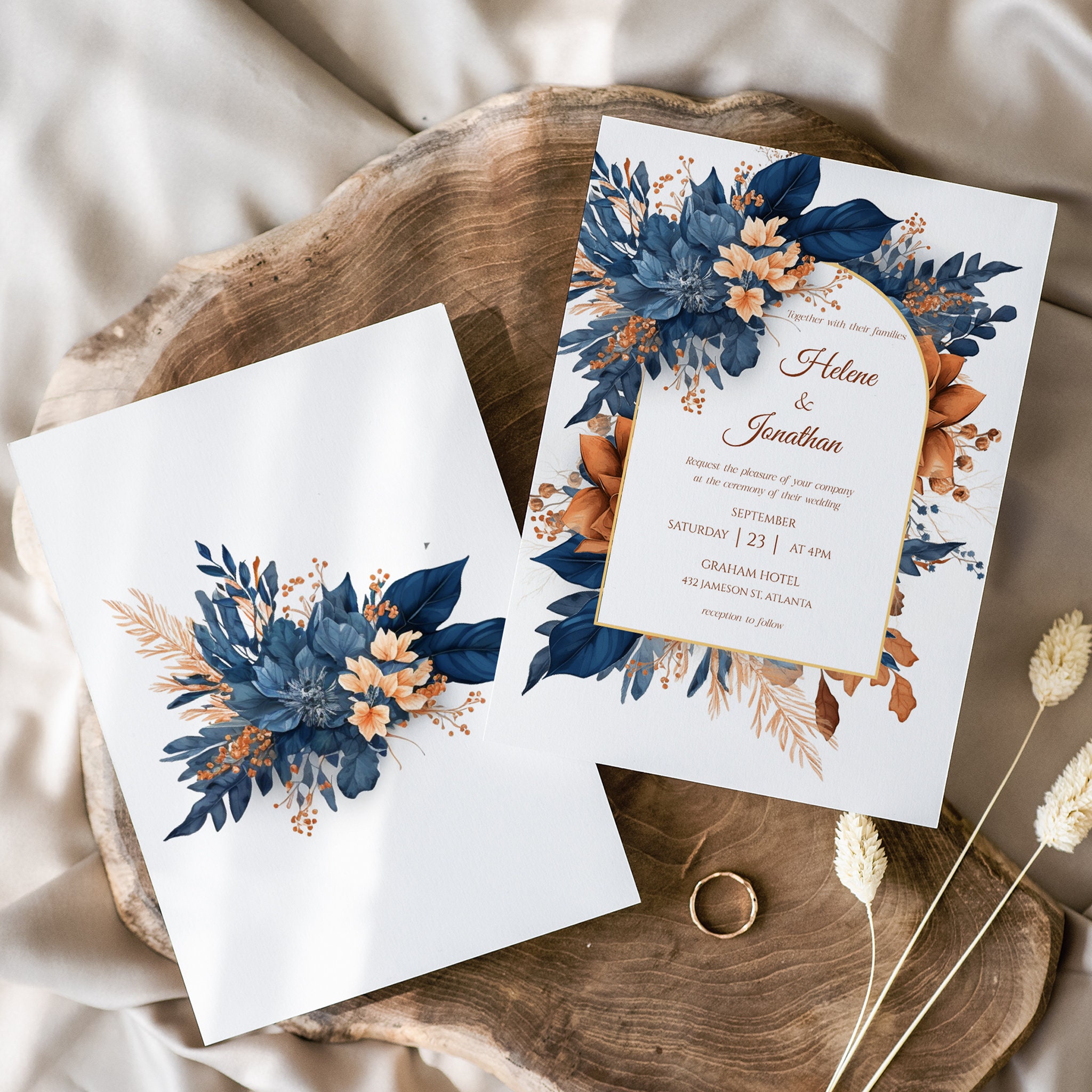 Blue Terracotta Wedding Invitation Template Watercolor Floral Boho Fall ...
