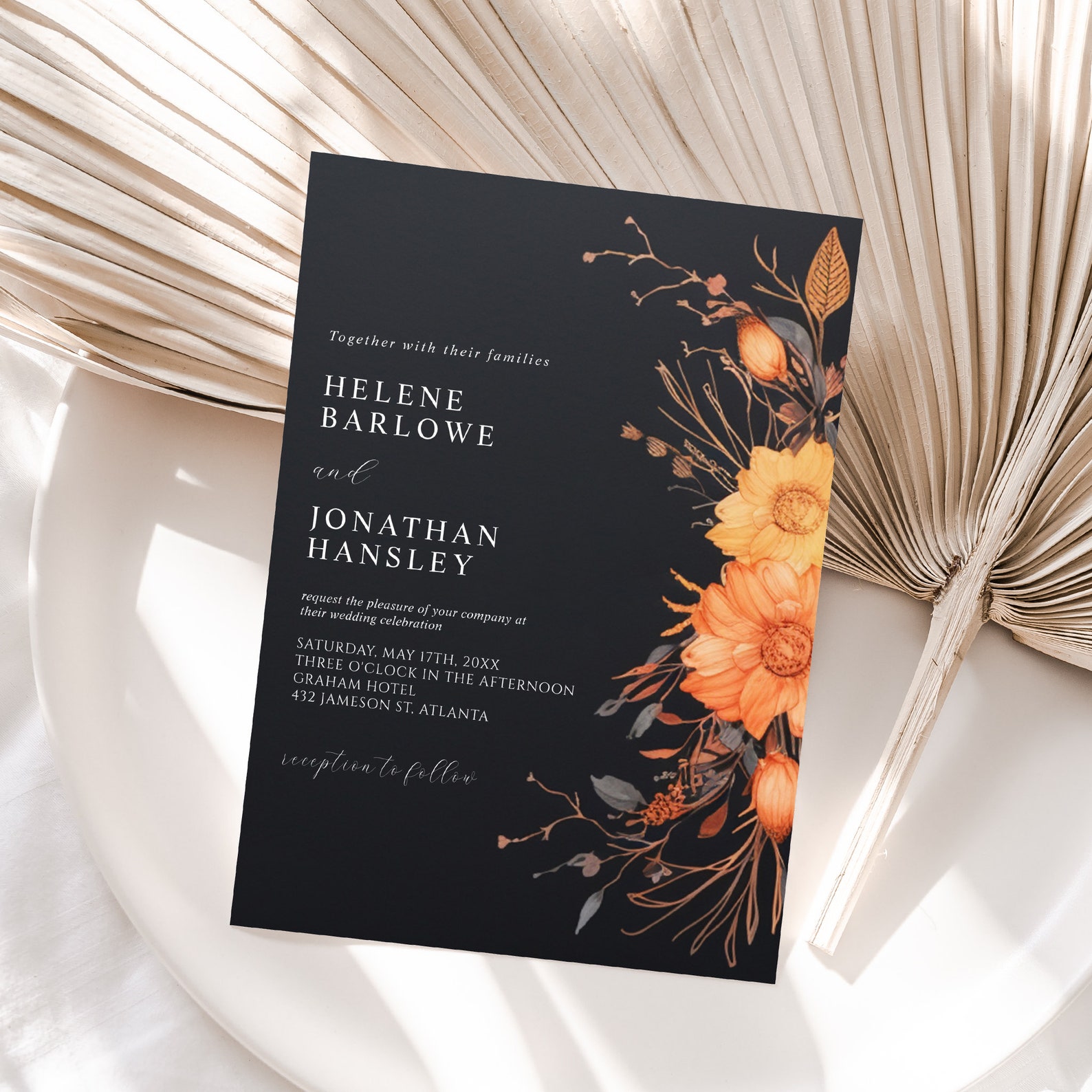 Dark Moody Floral Wedding Invitation Template Rustic Black Terracotta ...