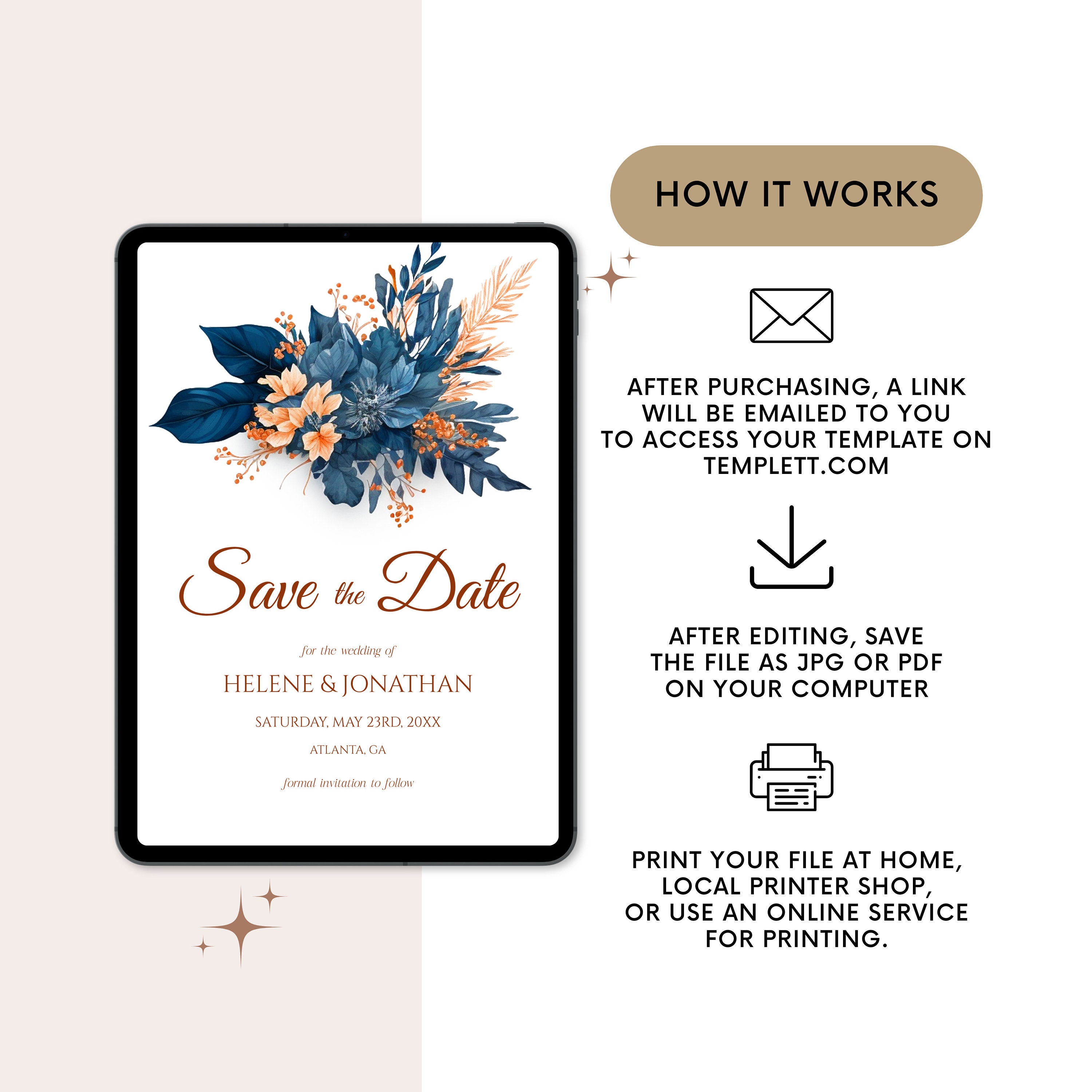 Navy Blue Rust Elegant Wedding Save the Date Template Watercolor Floral ...