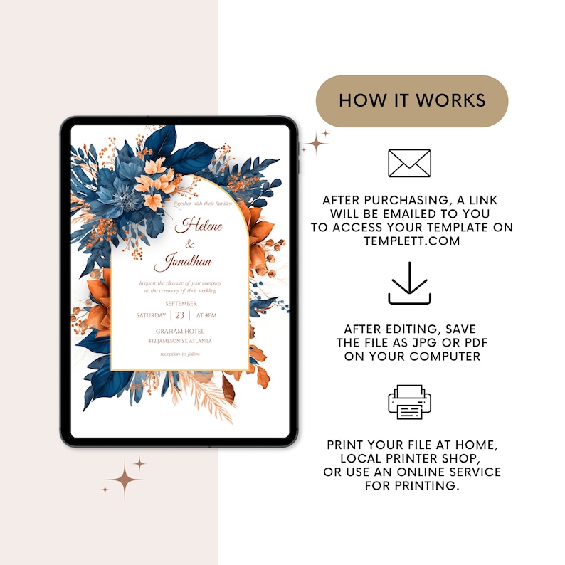 Navy Rust Elegant Wedding Invitation Template Indigo Burnt Orange ...