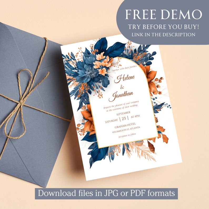 Blue Terracotta Wedding Invitation Template Watercolor Floral Boho Fall ...