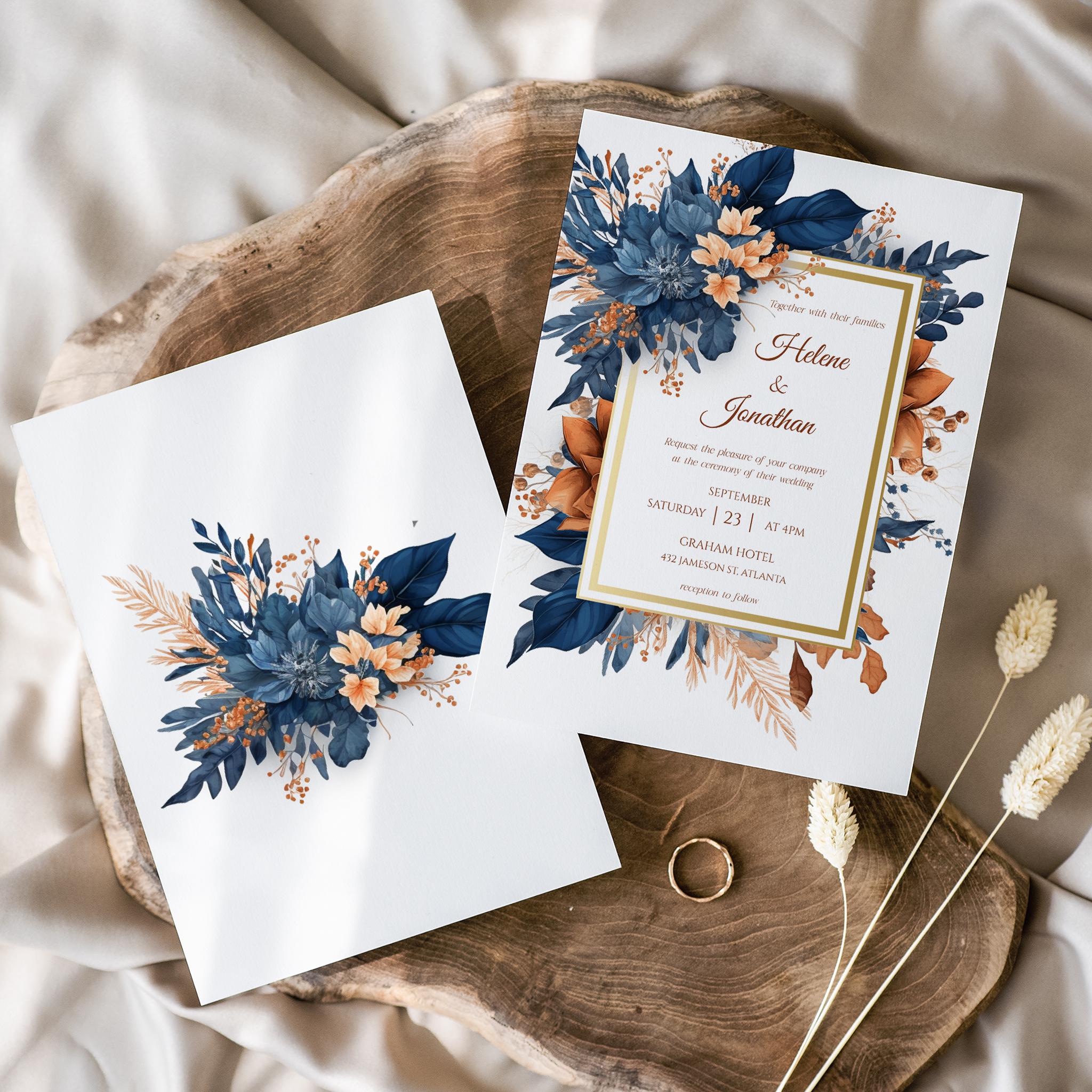 Blue Orange Fall Wedding Invitation Template Watercolor Floral Navy ...