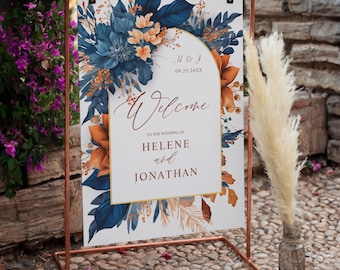 Navy Blue Rust Wedding Welcome Sign Template Watercolor Floral Elegant ...