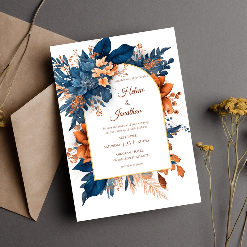 Navy Rust Elegant Wedding Invitation Template Indigo Burnt Orange ...