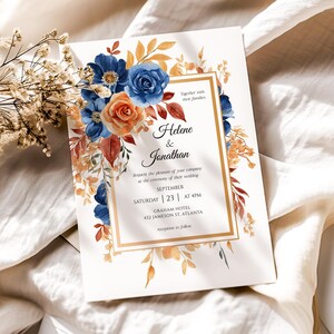 Navy Blue Terracotta Wedding Invitation Template Watercolor Floral ...