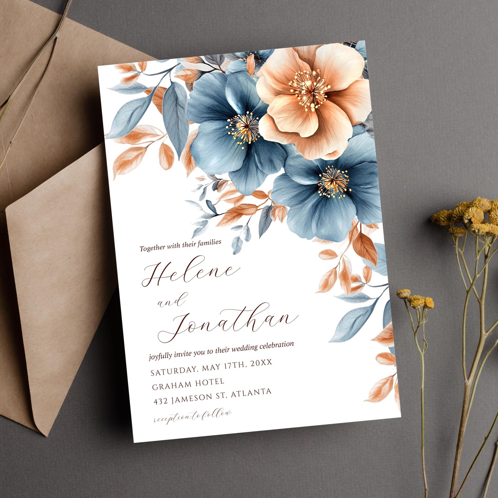 Dusty Blue Floral Wedding Invitation Template: Terracotta Rustic Garden ...