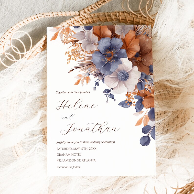 Elegant Dusty Blue Rust Wedding Invitation Template Watercolor Floral ...