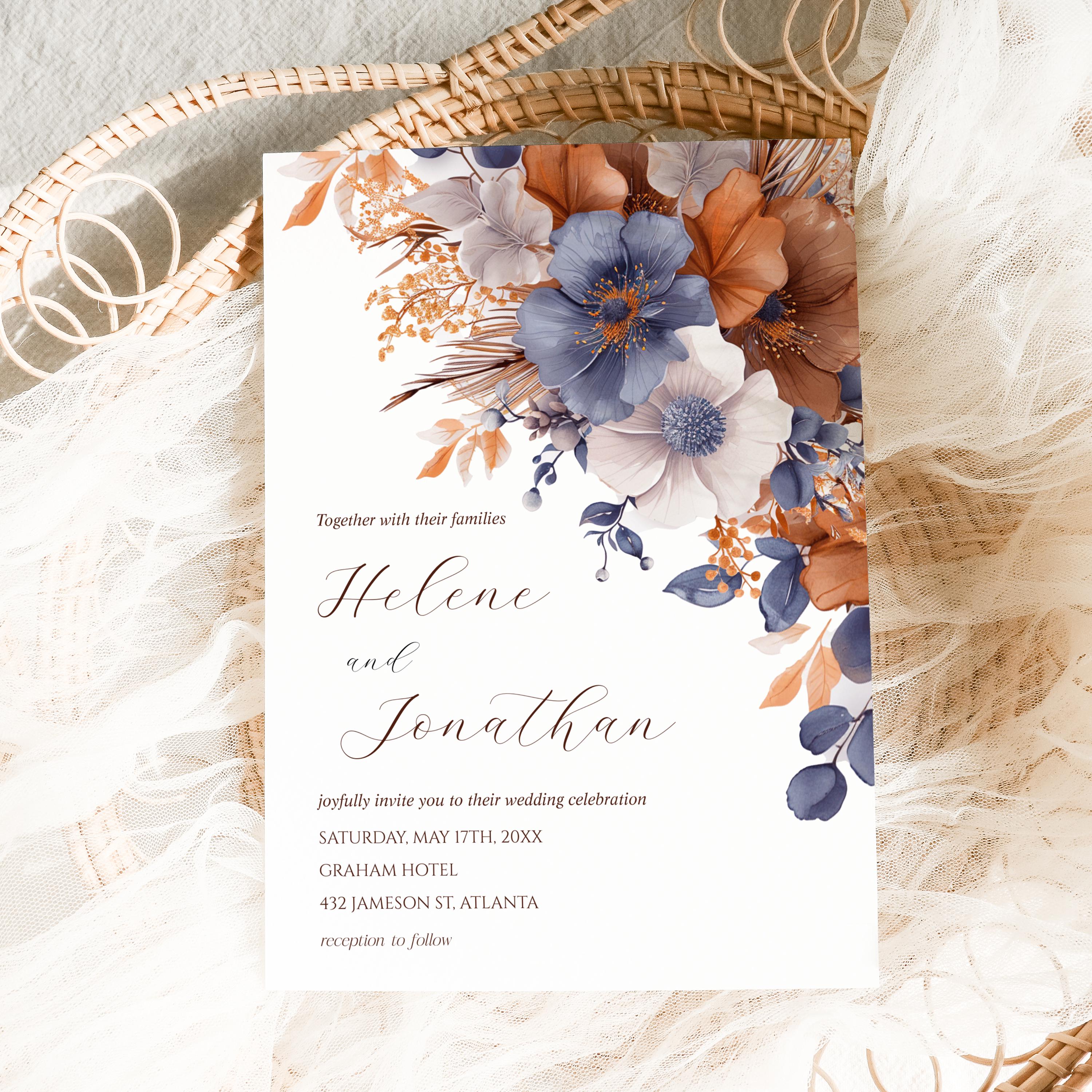 Elegant Dusty Blue Rust Wedding Invitation Template Watercolor Floral ...