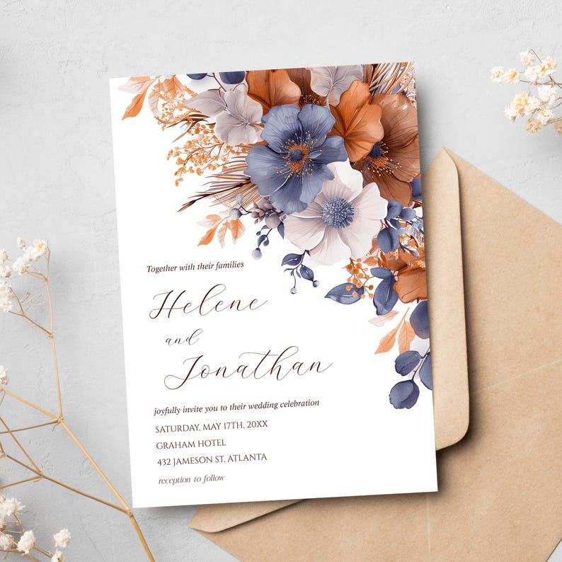 Elegant Dusty Blue Rust Wedding Invitation Template Watercolor Floral ...