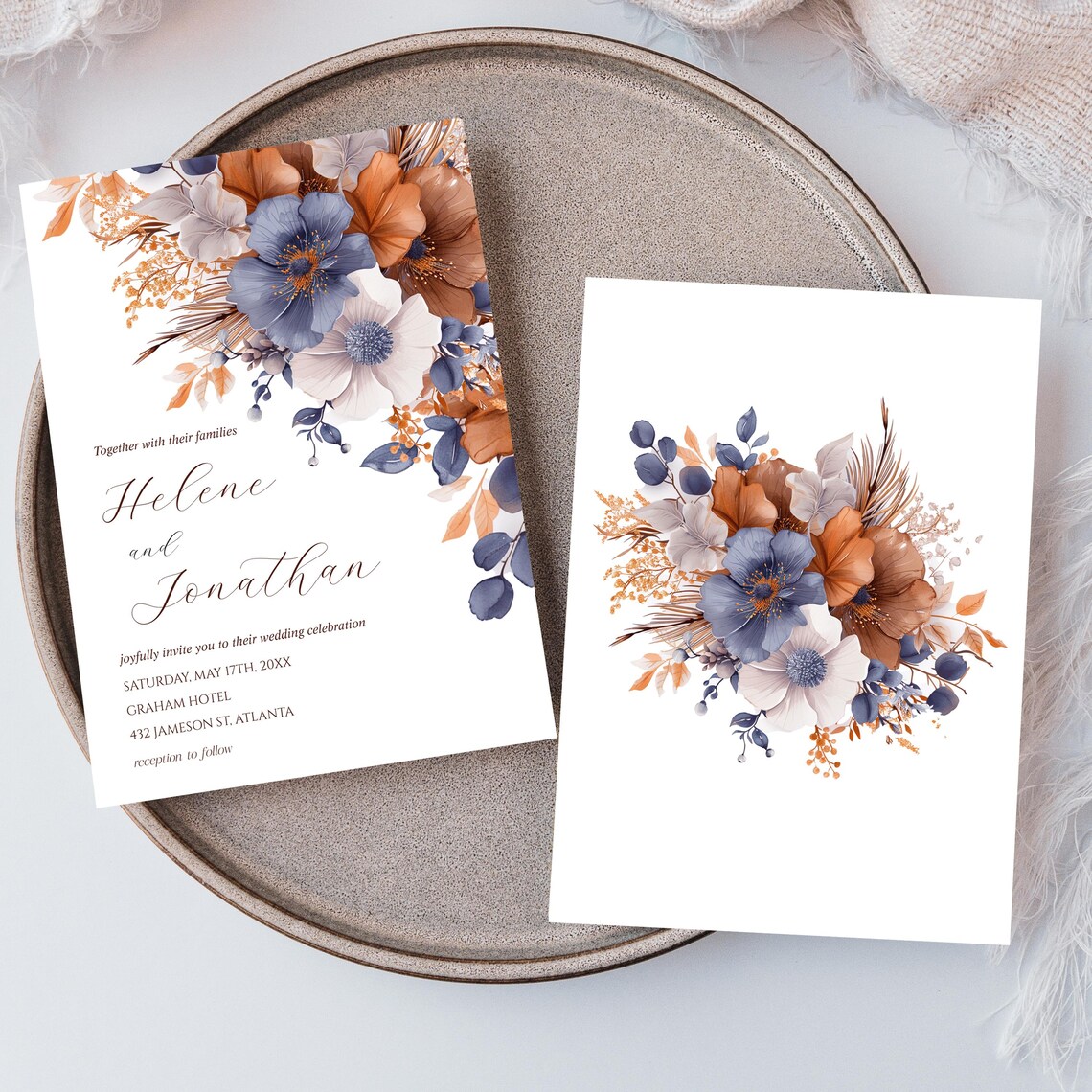 Elegant Dusty Blue Rust Wedding Invitation Template Watercolor Floral ...