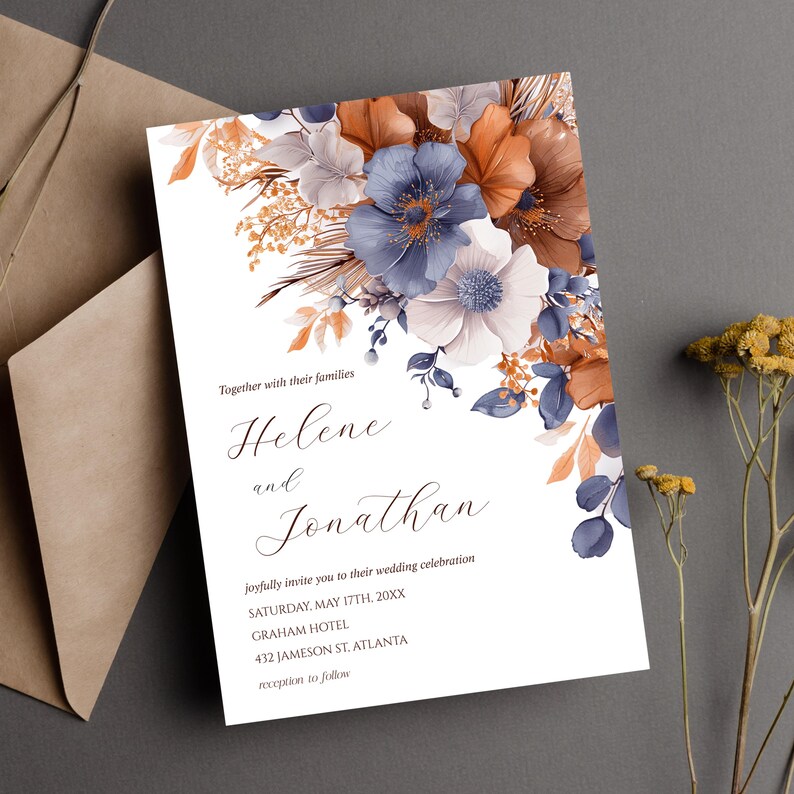 Elegant Dusty Blue Rust Wedding Invitation Template Watercolor Floral ...