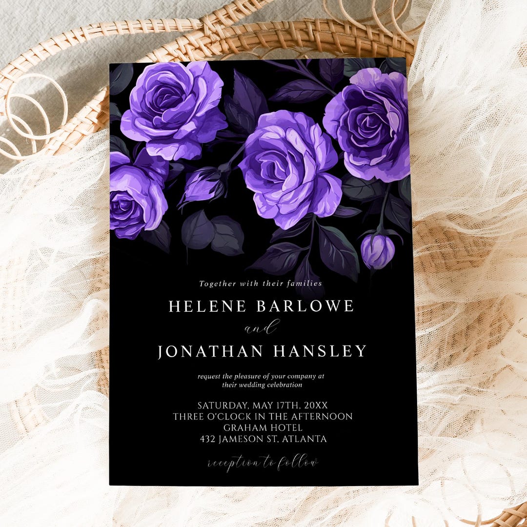 Purple Roses Moody Wedding Invitation Template Dark Gothic Wedding ...