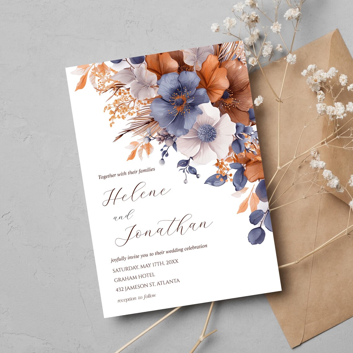 Elegant Dusty Blue Rust Wedding Invitation Template Watercolor Floral ...