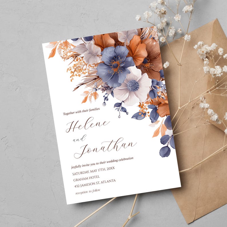 Elegant Dusty Blue Rust Wedding Invitation Template Watercolor Floral ...