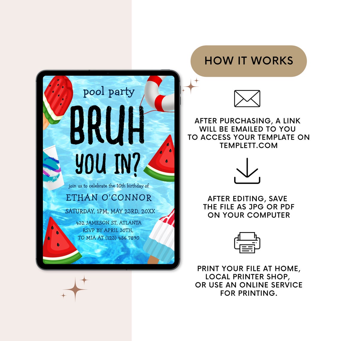 Bruh Pool Party Invitation Template Printable Summer Birthday Party ...