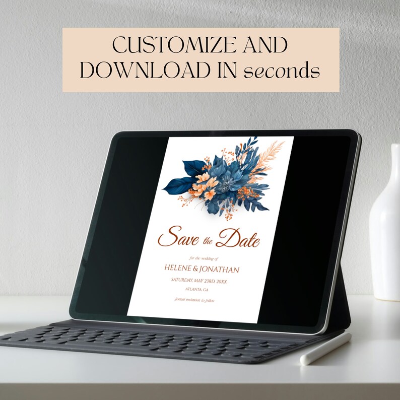Navy Blue Rust Elegant Wedding Save the Date Template Watercolor Floral ...