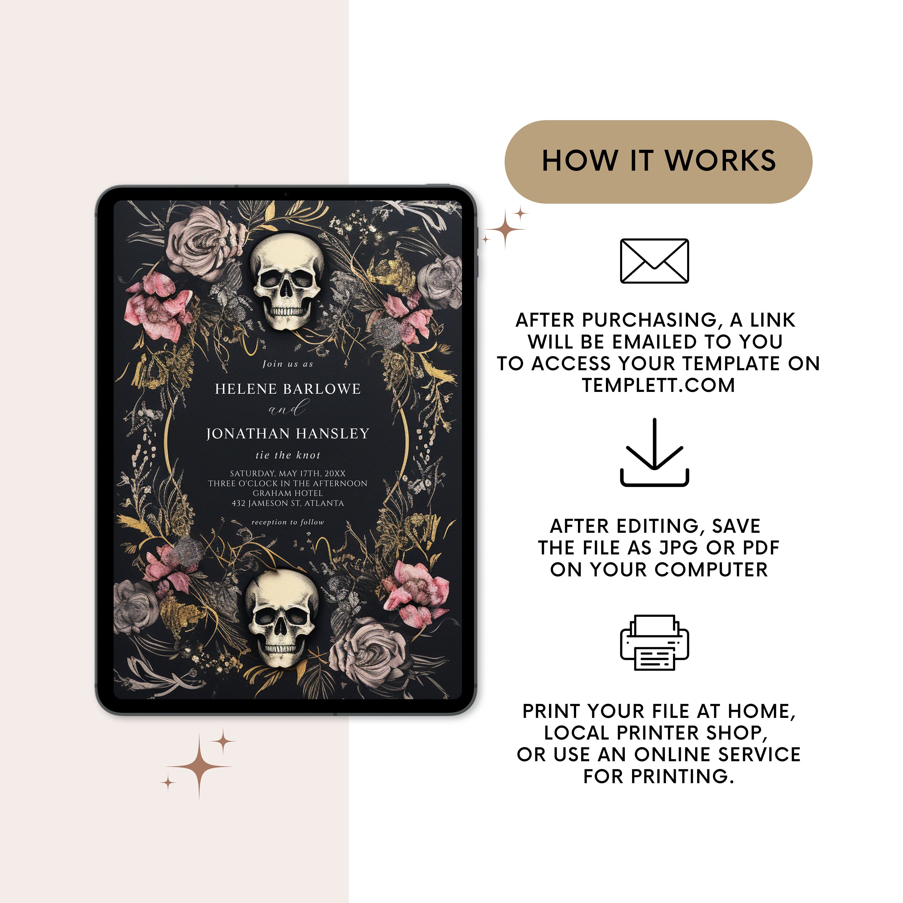 Dark Gothic Wedding Invitation Template Skull Floral Wedding Printable ...