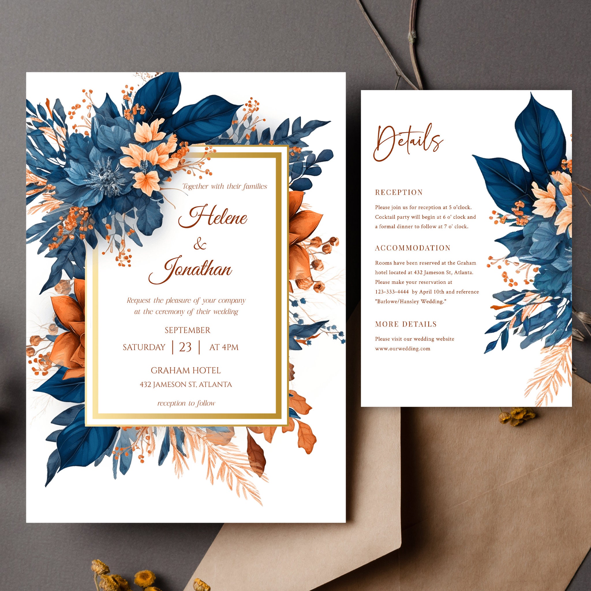 Navy Blue Orange Elegant Wedding Invitation Template Watercolor Floral ...