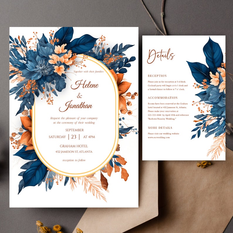 Navy Blue Orange Elegant Wedding Invitation Template: Watercolor Floral ...
