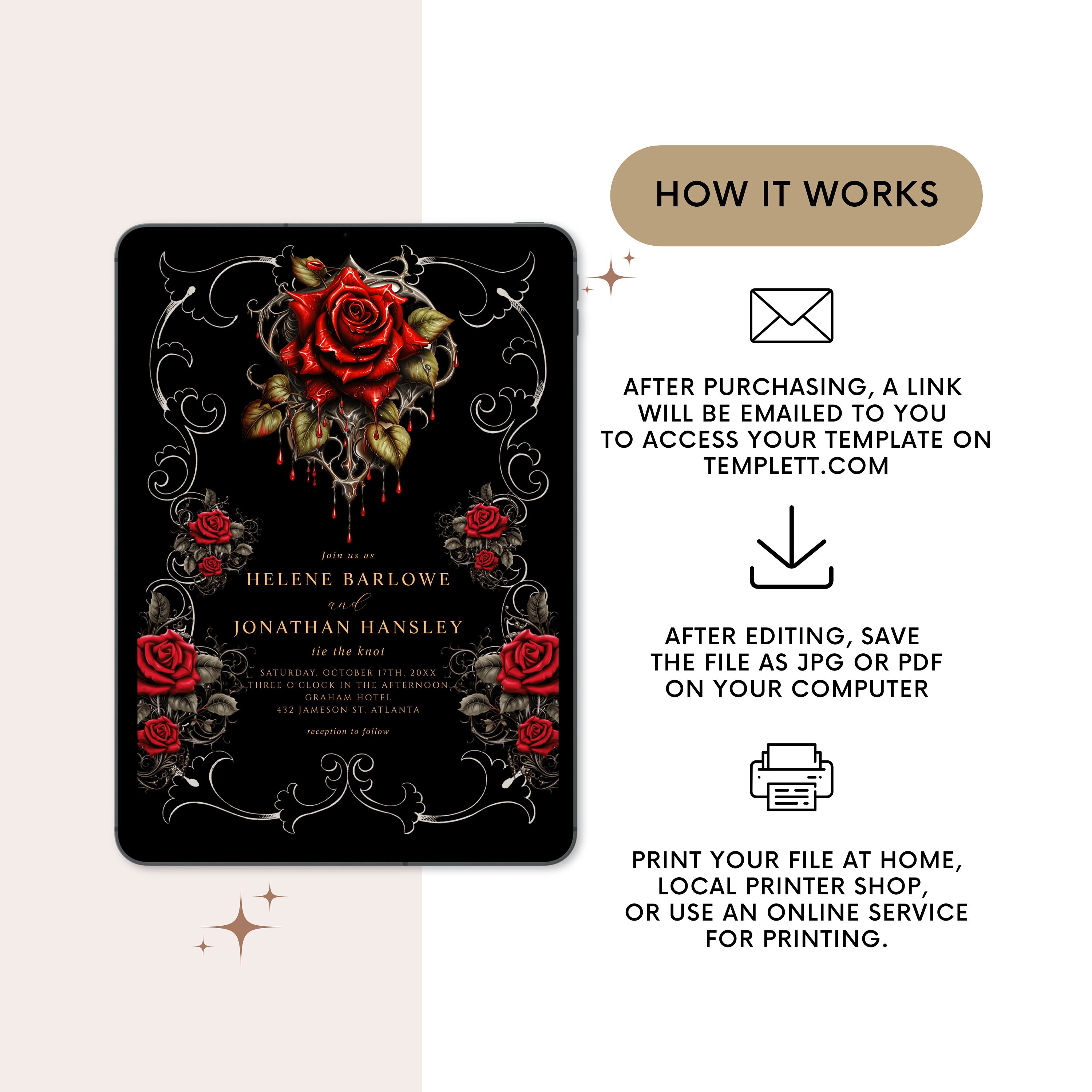 Rose Moody Gothic Wedding Invitation Template Dark Floral Wedding ...