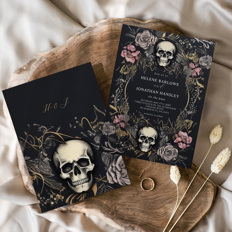 Dark Gothic Wedding Invitation Template Skull Floral Wedding Printable ...