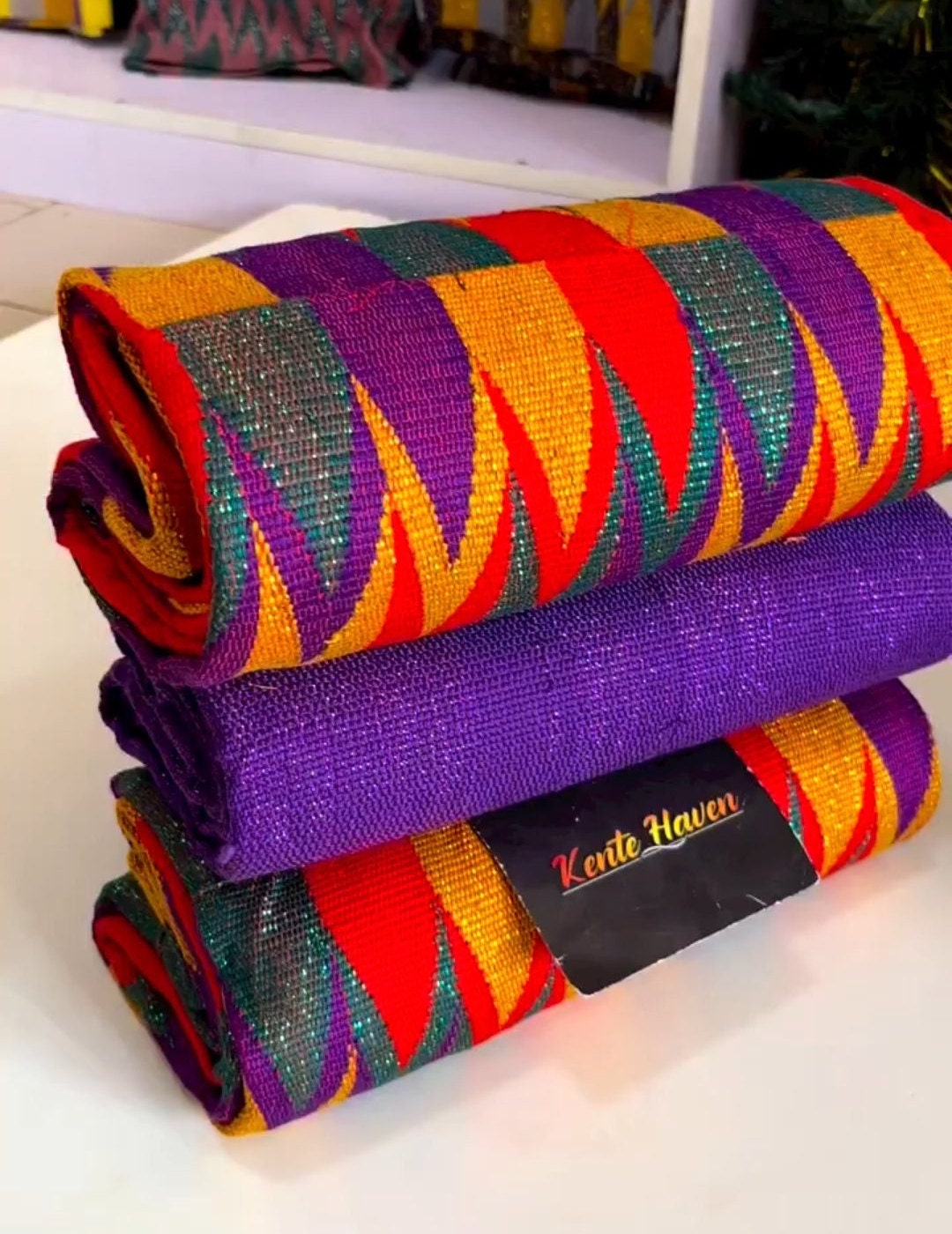 Kente Heaven Hand Weaved Kente Cloth KH140 With 2 Lines Shimmering Gold ...