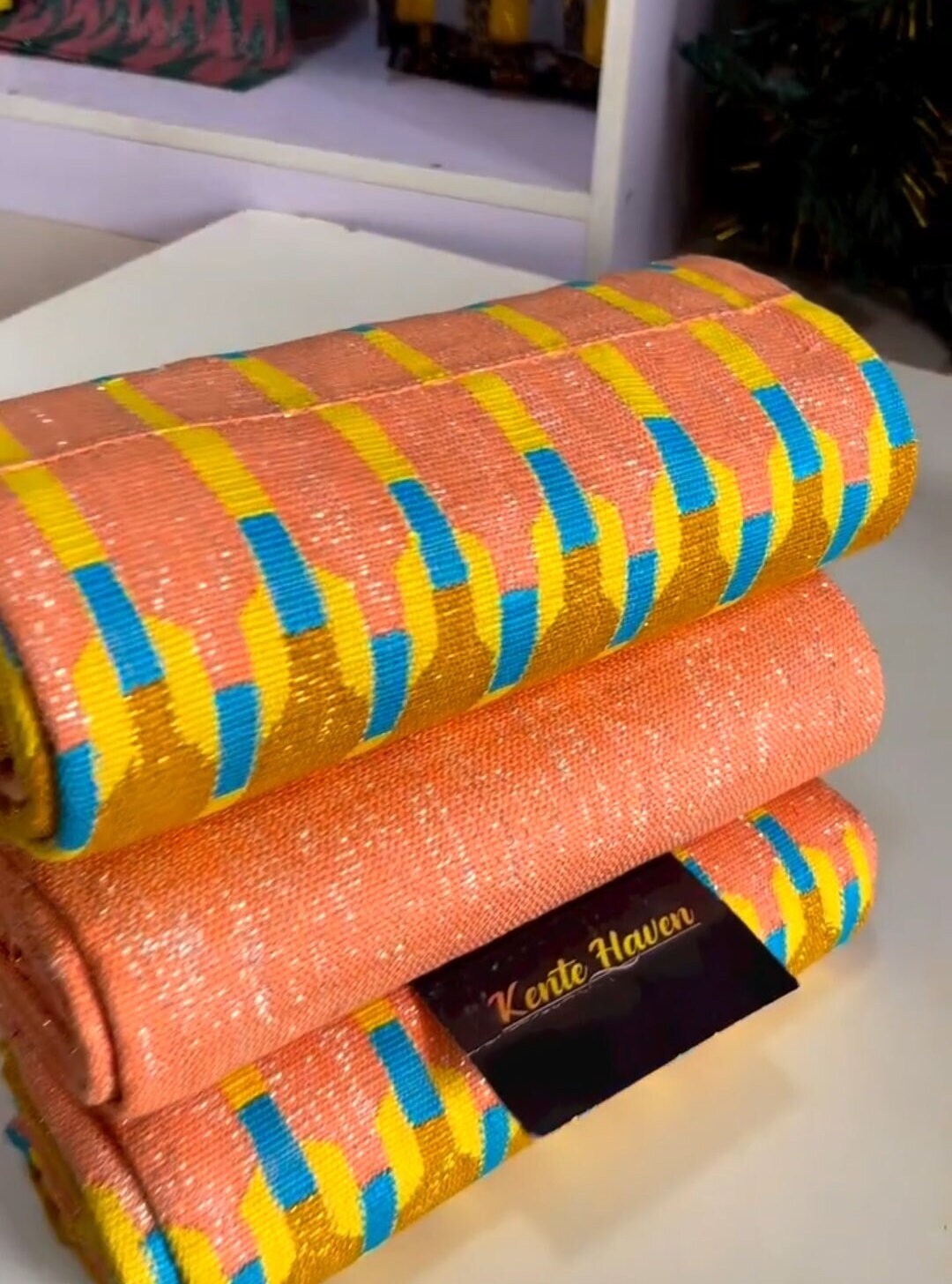 Kente Heaven Hand Weaved Kente Cloth KH130 With 2 Shimmering Lines Gold ...