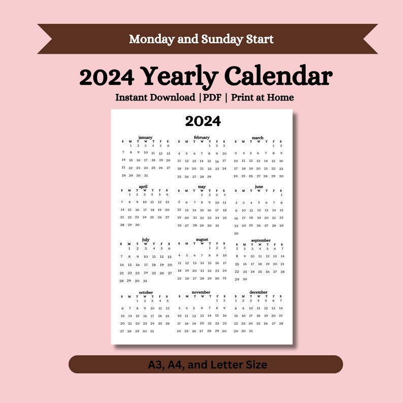 2024 Wall Calendar, Printable Letter Size Download, Monday Start ...