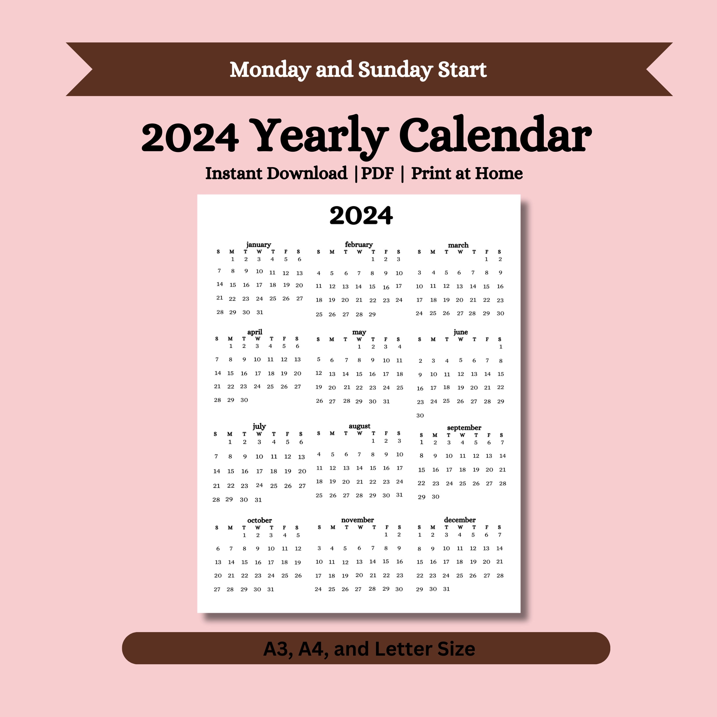 2024 Wall Calendar, Printable Letter Size Download, Monday Start ...